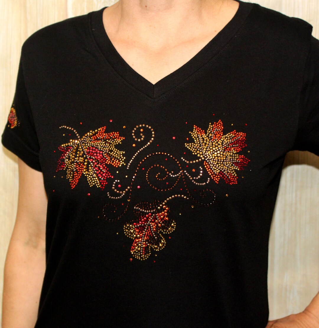 Rhinestone Autumn Large Maple Fall Leaves Shirt Bling V-neck Glitzy ...