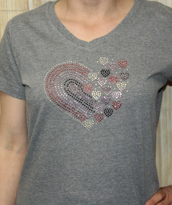 Rhinestone Tri Color Heart With Floating Hearts Gray Ladies - Etsy