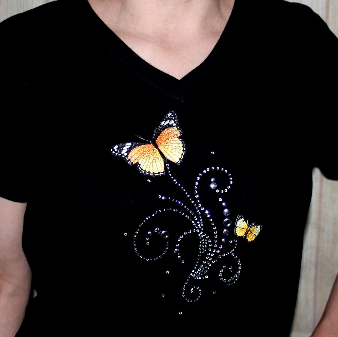 Embroidered Monarch Butterfly Rhinestone Swirl Spring Design Women's ...