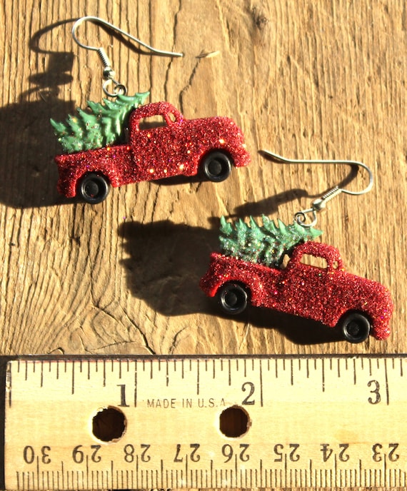 Red truck with christmas tree earrings store
