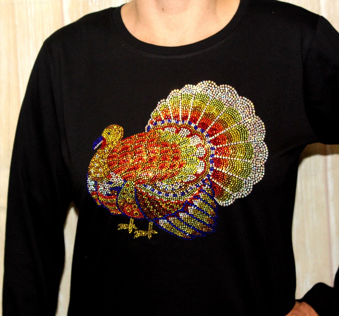 Beautiful Colorful Ornate Turkey Bling Ladies Longsleeve Holiday ...