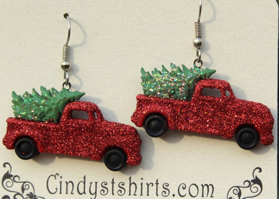 Red truck with christmas tree earrings store