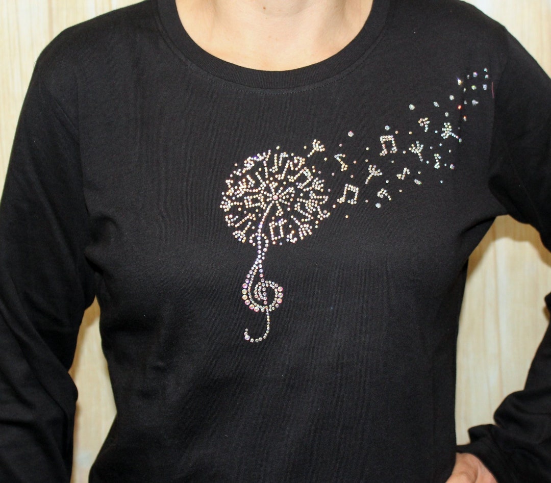 Rhinestone Dandelion Music Musical Notes Shirt Bling Ladies Longsleeve ...