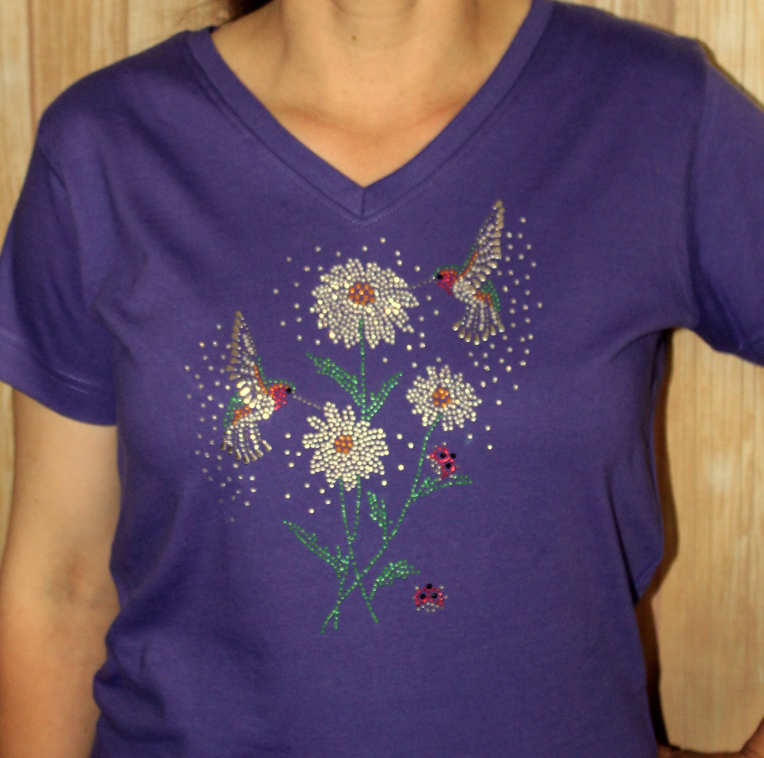 Rhinestone Hummingbird With Daisy Flowers and Ladybugs Ladies V-neck ...