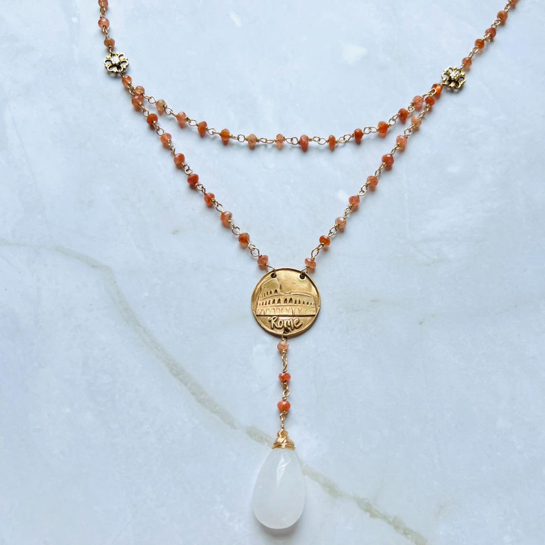 Carnelian Daisy Necklace: Milky Quartz, Bronze Roma Colosseum Pendant ...