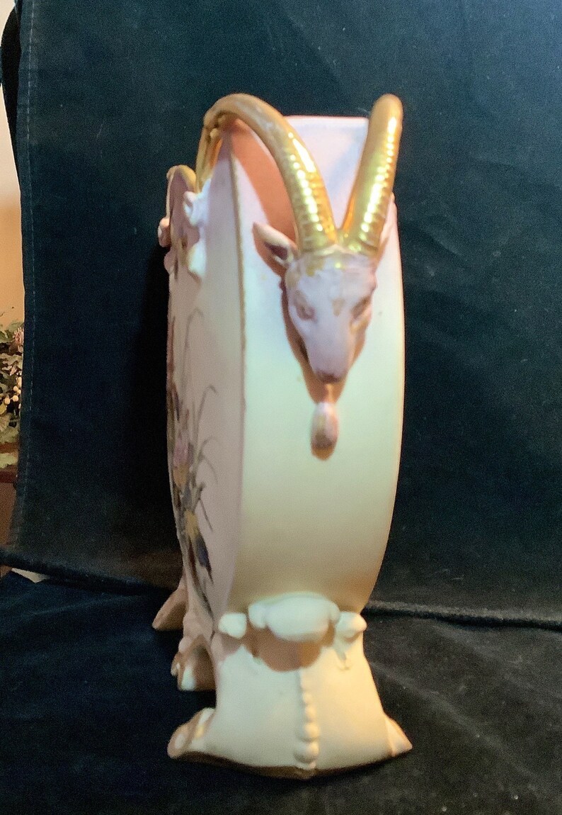 Antique Double Rams Heads Handled Vase Hand-painted Florals - Etsy