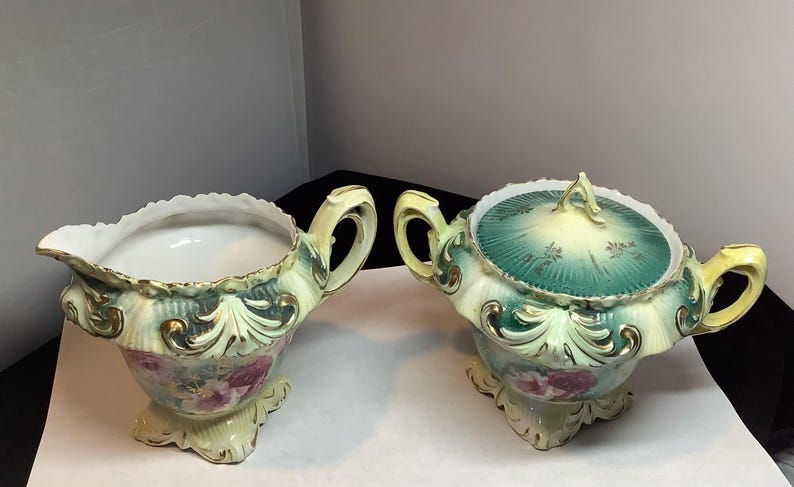 Lovely RS Prussia Pink Rose Motif Gold Gilt Teal and Cream Color ...