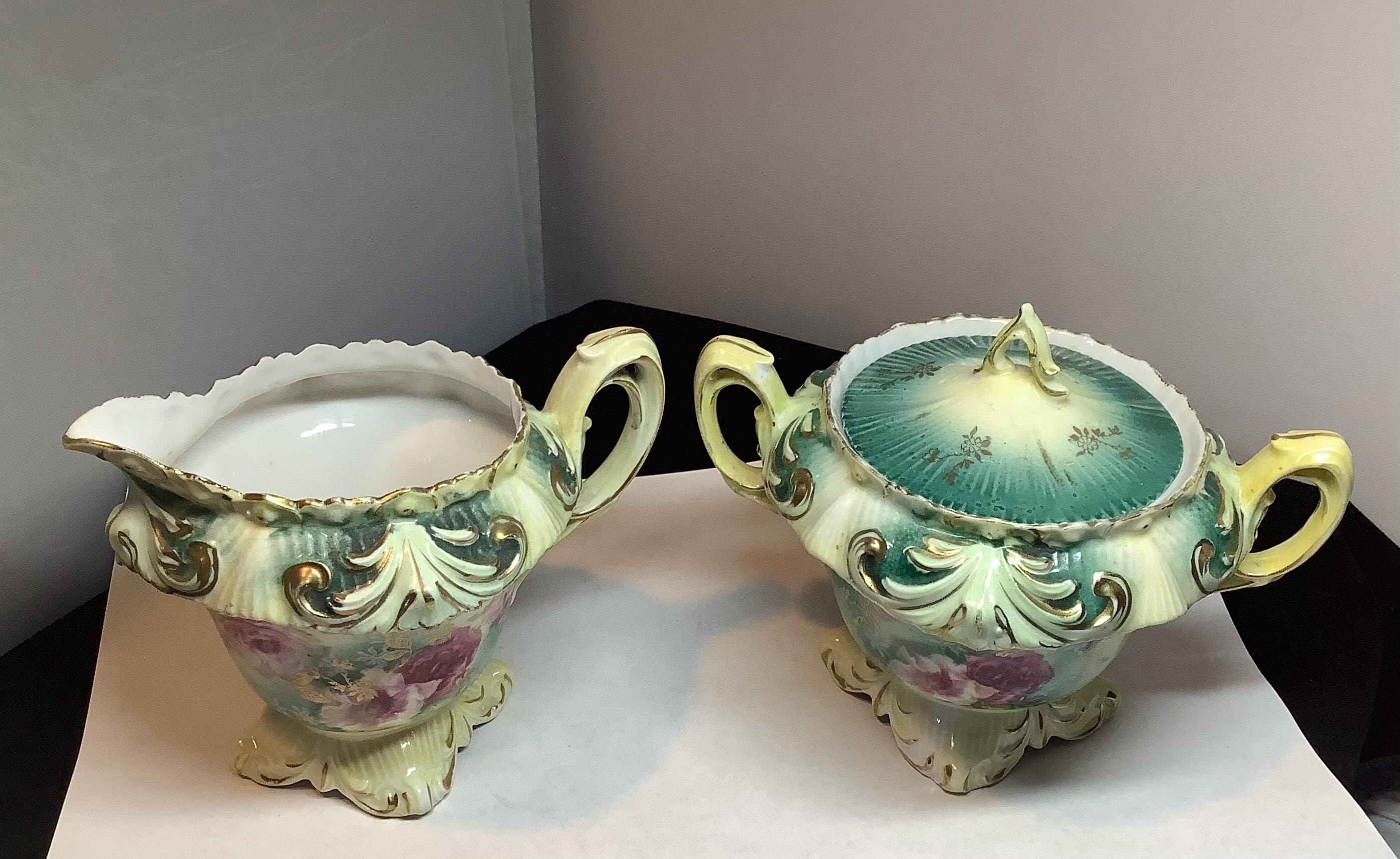 Lovely RS Prussia Pink Rose Motif Gold Gilt Teal and Cream Color ...