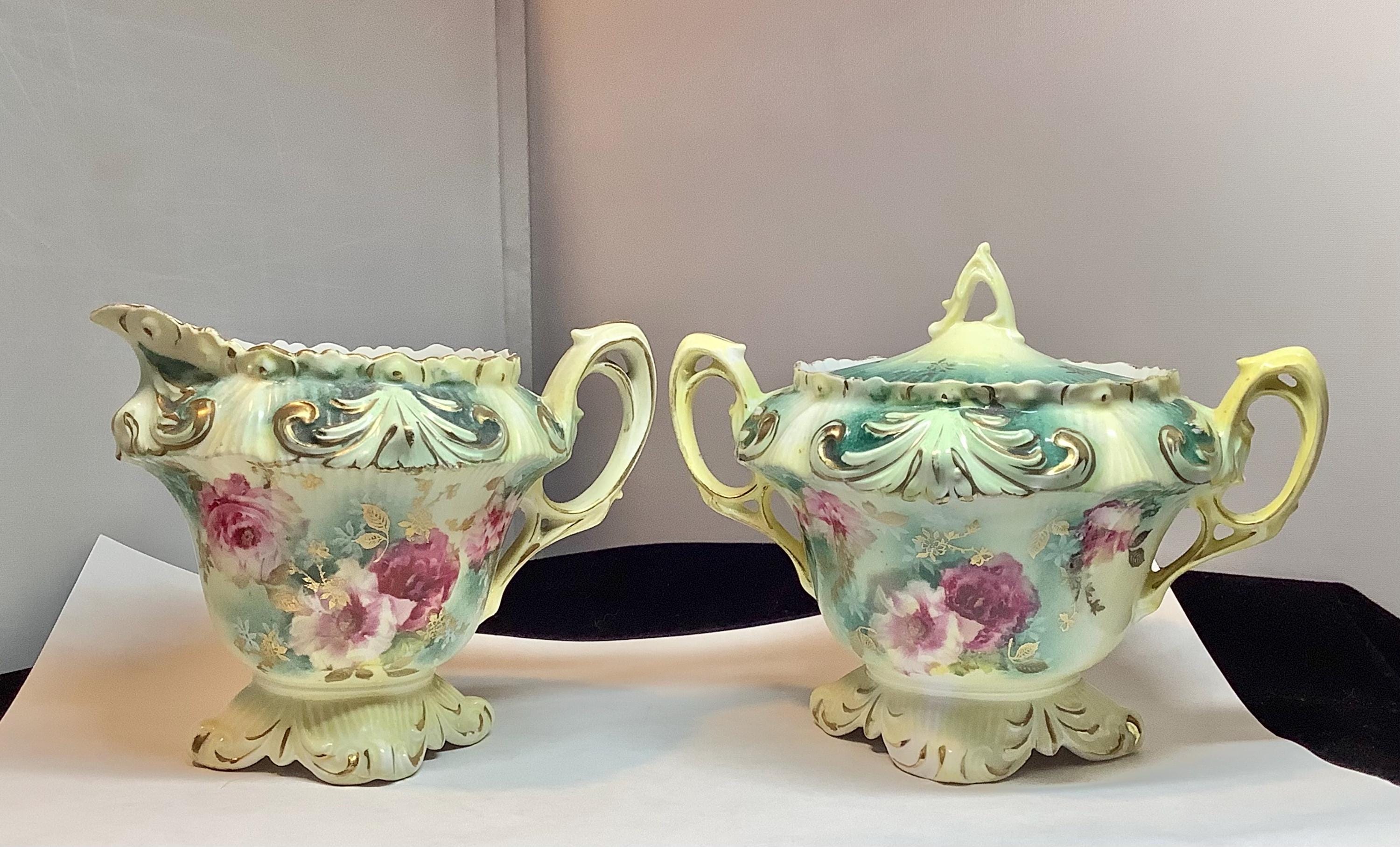 Lovely RS Prussia Pink Rose Motif Gold Gilt Teal and Cream Color ...