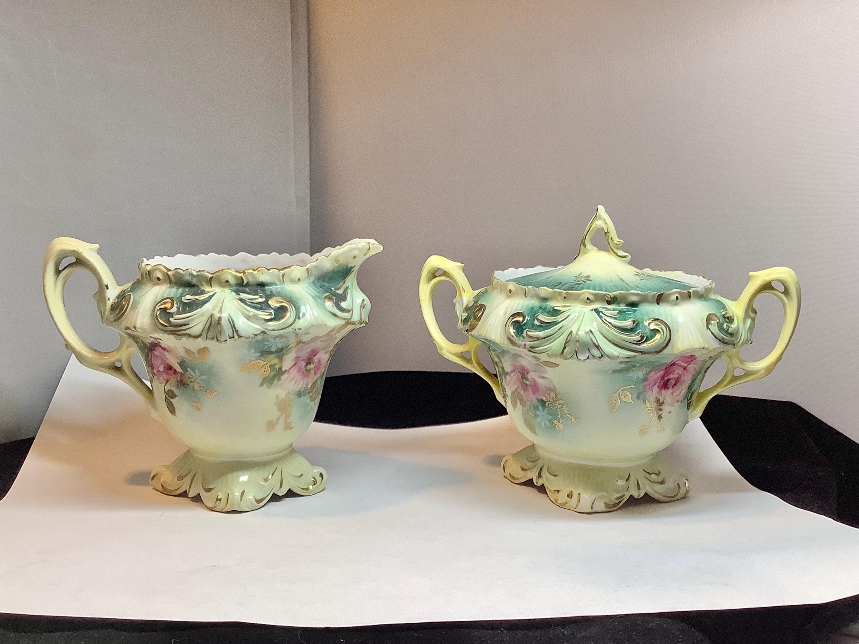 Lovely RS Prussia Pink Rose Motif Gold Gilt Teal and Cream Color ...