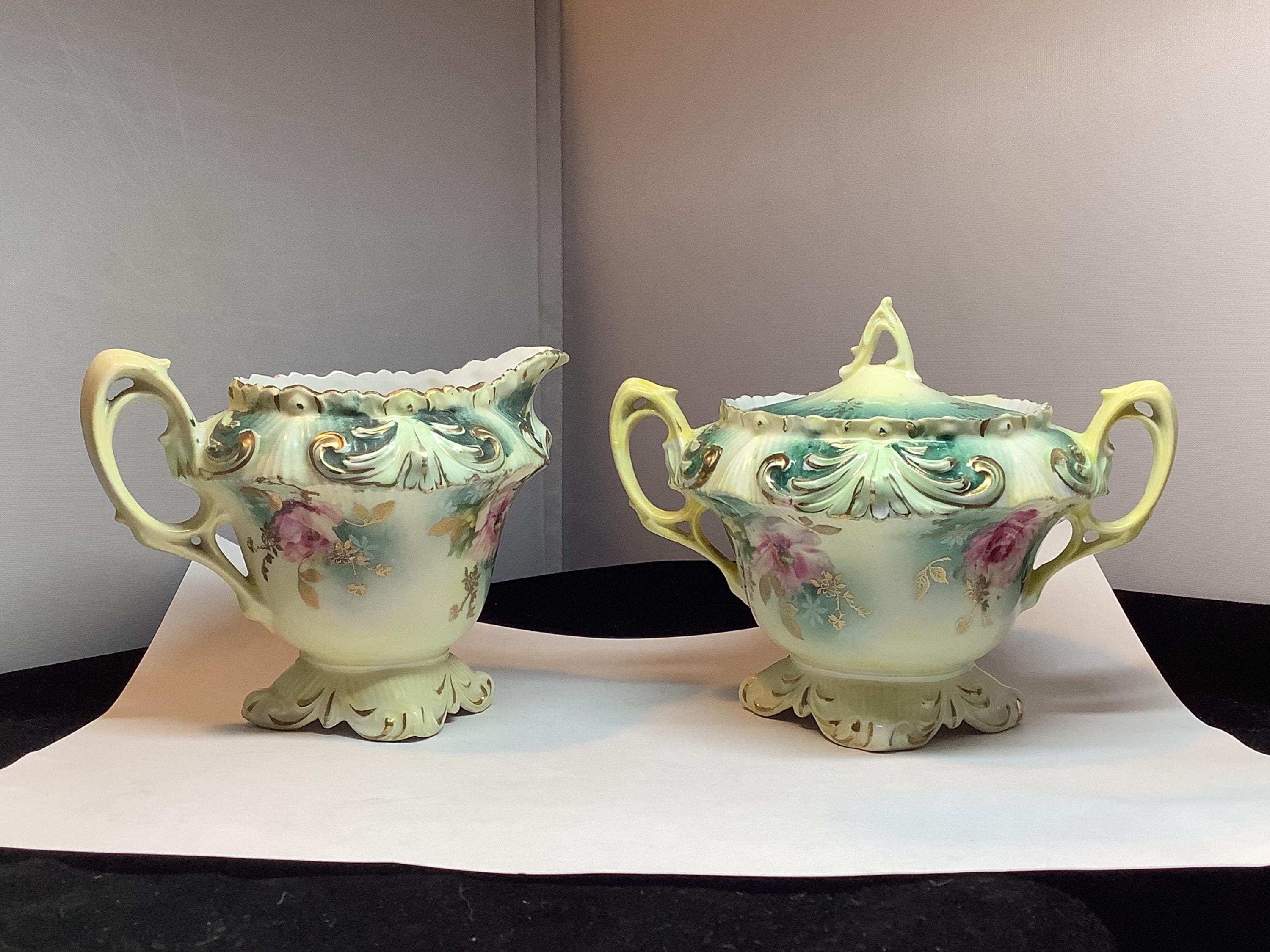 Lovely RS Prussia Pink Rose Motif Gold Gilt Teal and Cream Color ...