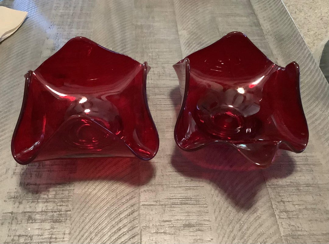 Pair of Ruby Red Viking Art Glass MCM Bon Bon or Hankerchief Vases X 2 ...