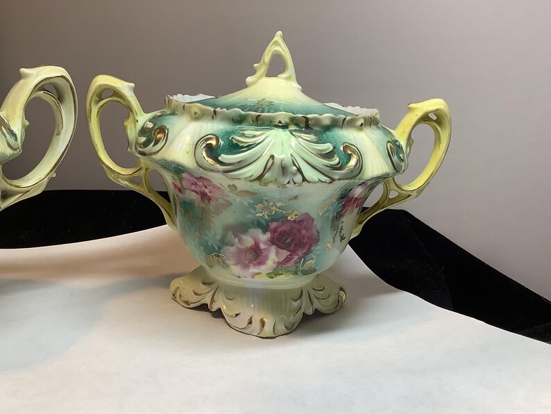 Lovely RS Prussia Pink Rose Motif Gold Gilt Teal and Cream Color ...
