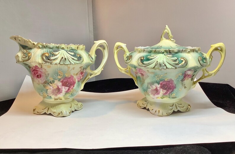 Lovely RS Prussia Pink Rose Motif Gold Gilt Teal and Cream Color ...