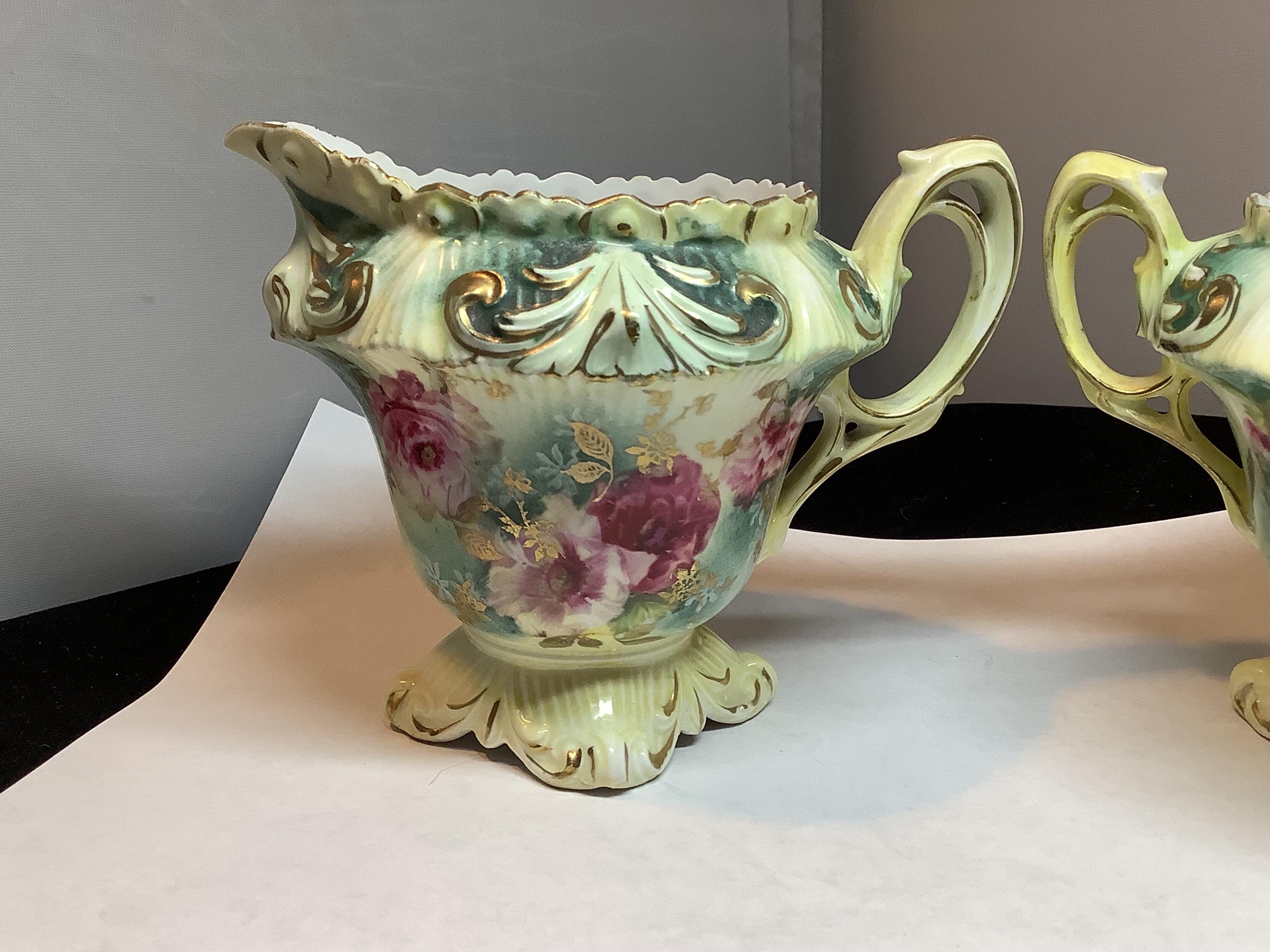 Lovely RS Prussia Pink Rose Motif Gold Gilt Teal and Cream Color ...