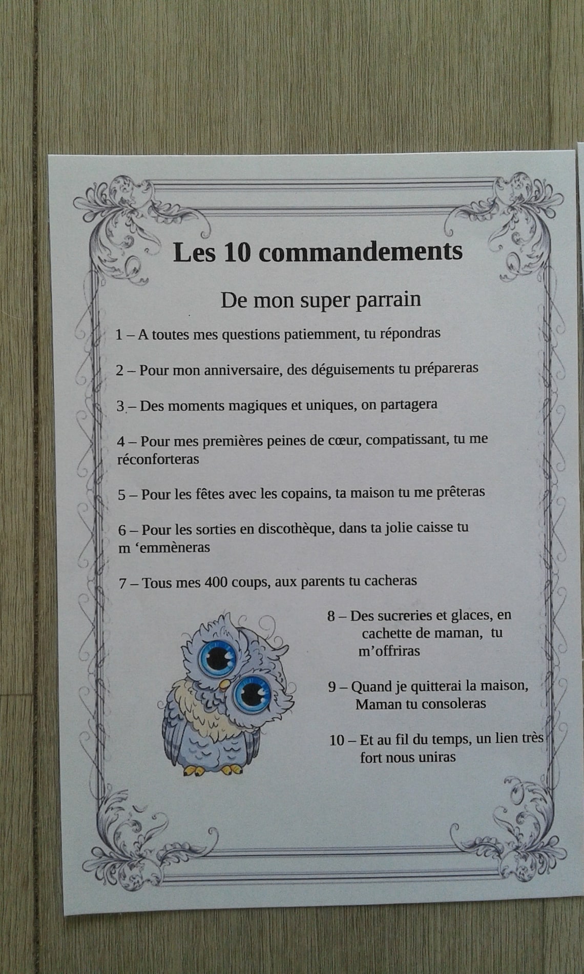 Lot de 2 cartes "les 10 commandements du parrain et de la marraine ...