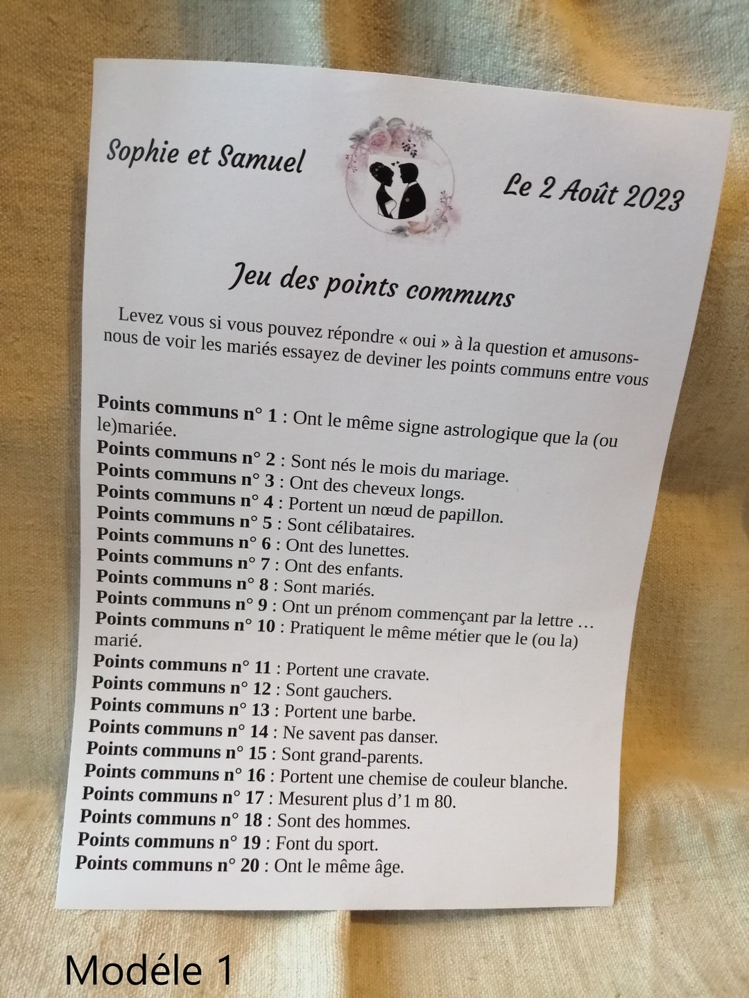 Jeu de mariage "Les points communs", personnalisable, 6 modèles au ...