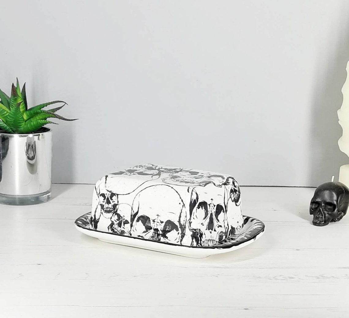 Skull Butter Dish, Skulls Dome Plate, Black and White, Gothic Gift ...