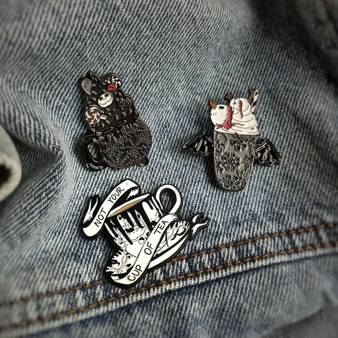 Goth Enamel Pins, Teacup Badge, Skull Cup, Cauldron Metal Broach ...