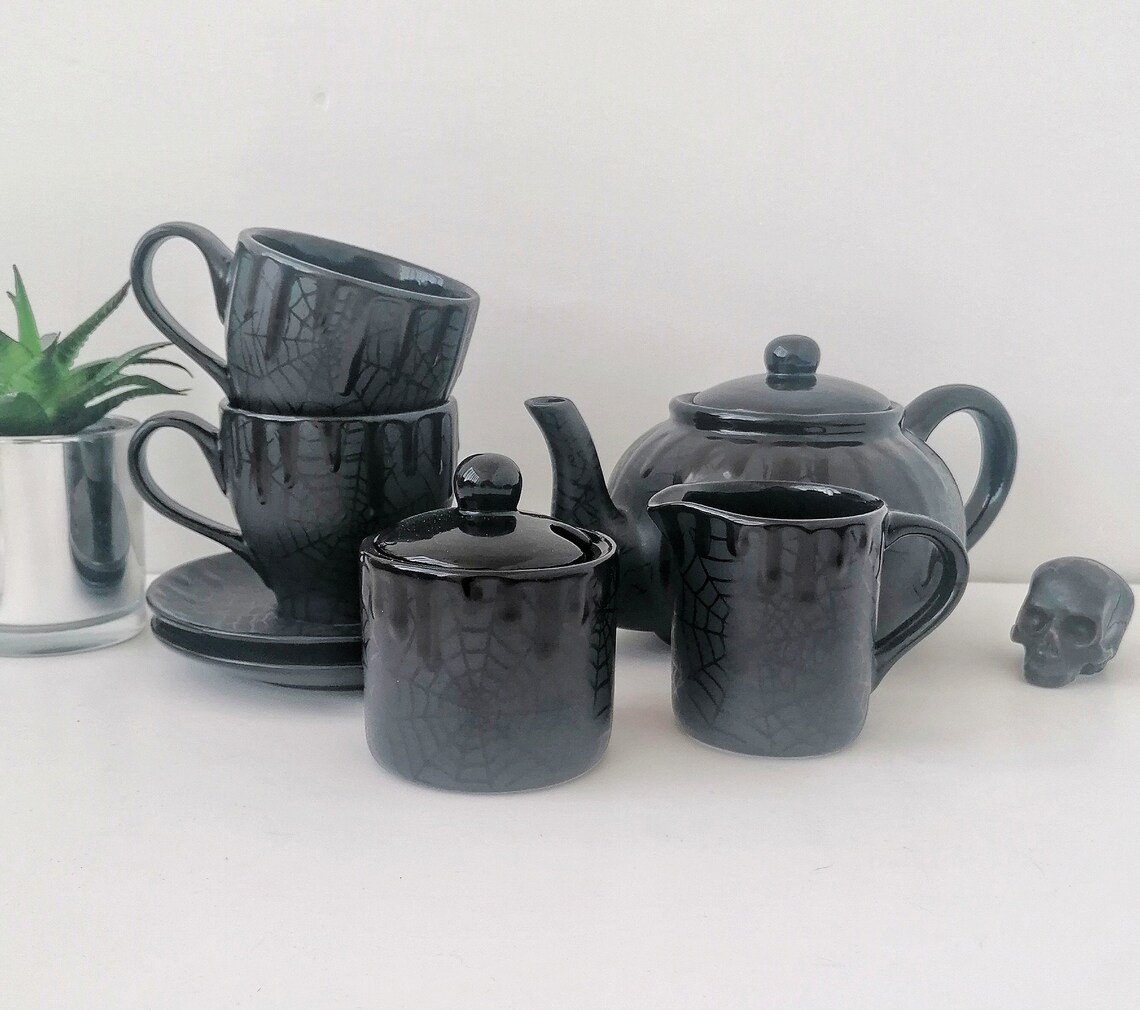 Goth Web Tea Set Gothic Matte Black Gloss Drip Ceramic - Etsy UK