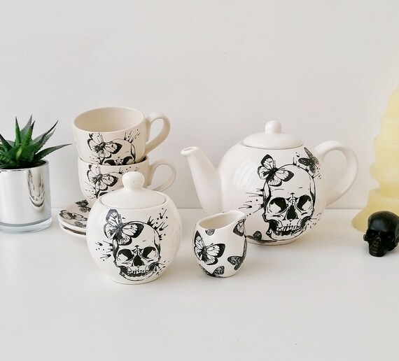 Gothic Tea Set Skull and Butterfly Ceramic Teaset Goth Cup | Etsy