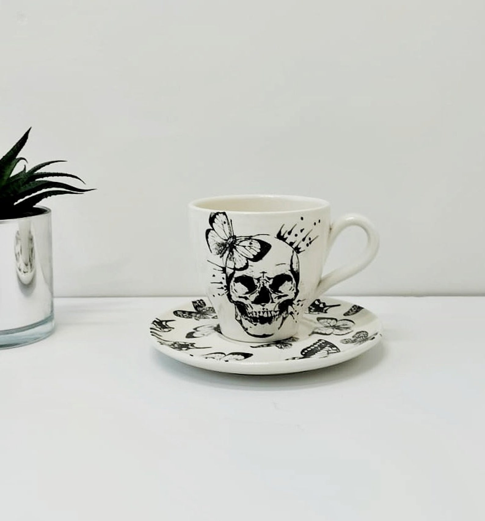 Gothic Tea Set, Skull and Butterfly, Ceramic Teaset, Goth Cup Saucer ...
