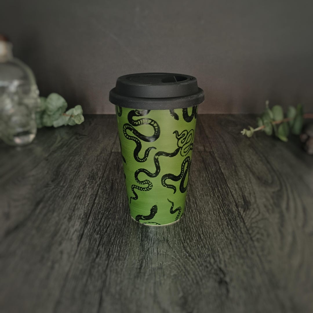 Snake Travel Mug, Tall Ceramic Cup, Matte Green Serpent, Coffee Mugs ...
