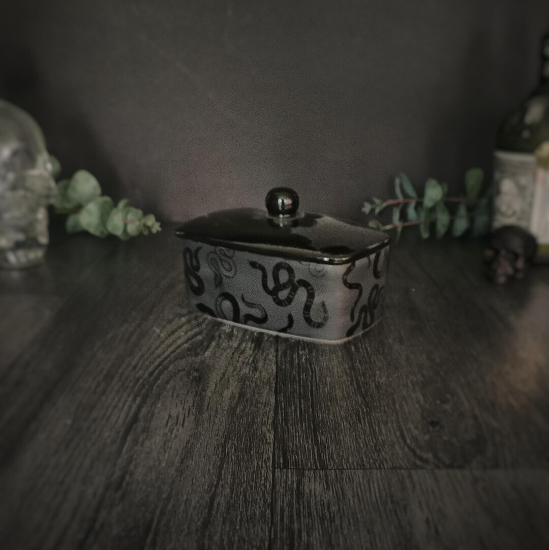 Snakes Butter Bowl, Unique Lid Dish, Matte Black Snake, Ceramic Ghee ...