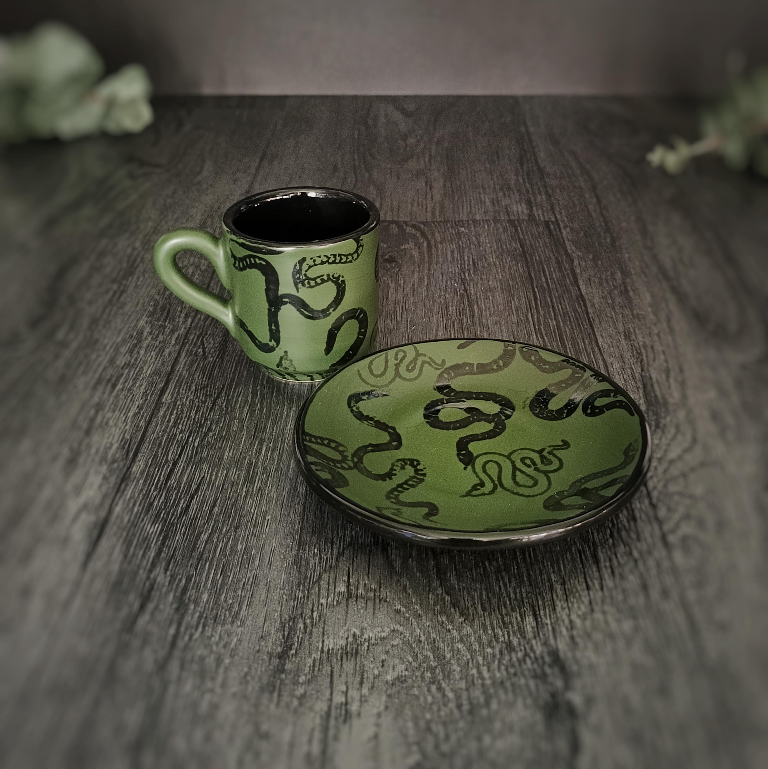 Green Snake Espresso, Cup Saucer, Matte Glaze, Serpent Ceramic, Coffee ...