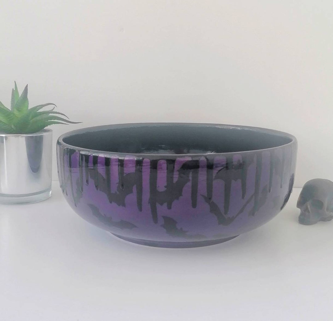 Purple Bat Bowl, Gothic Fruit Platter, Hand Painted Ceramic, Bats Drip ...