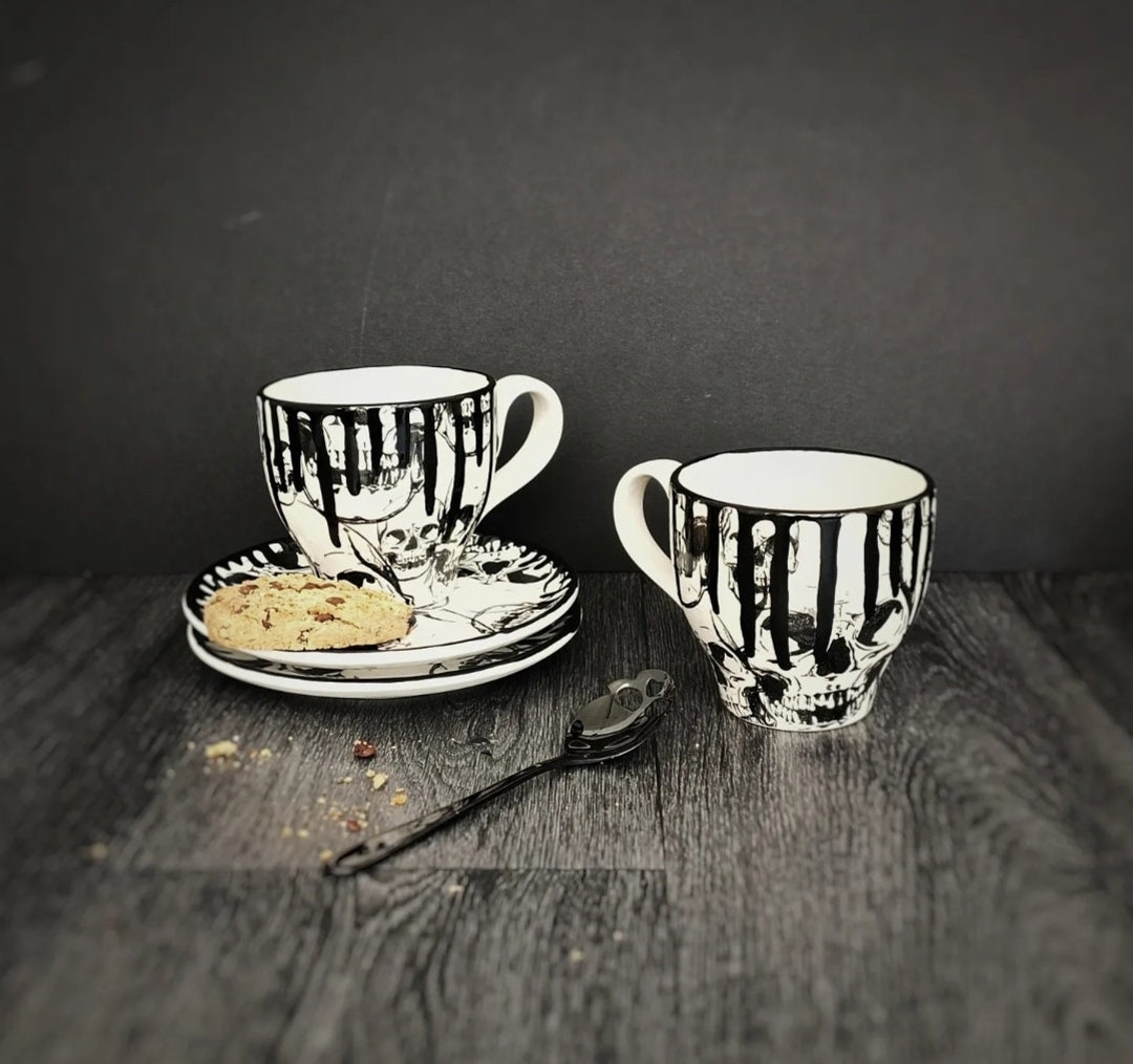 Skull Teacup, Cup and Saucer, Goth Design, Gothic Tea Set, Black White ...