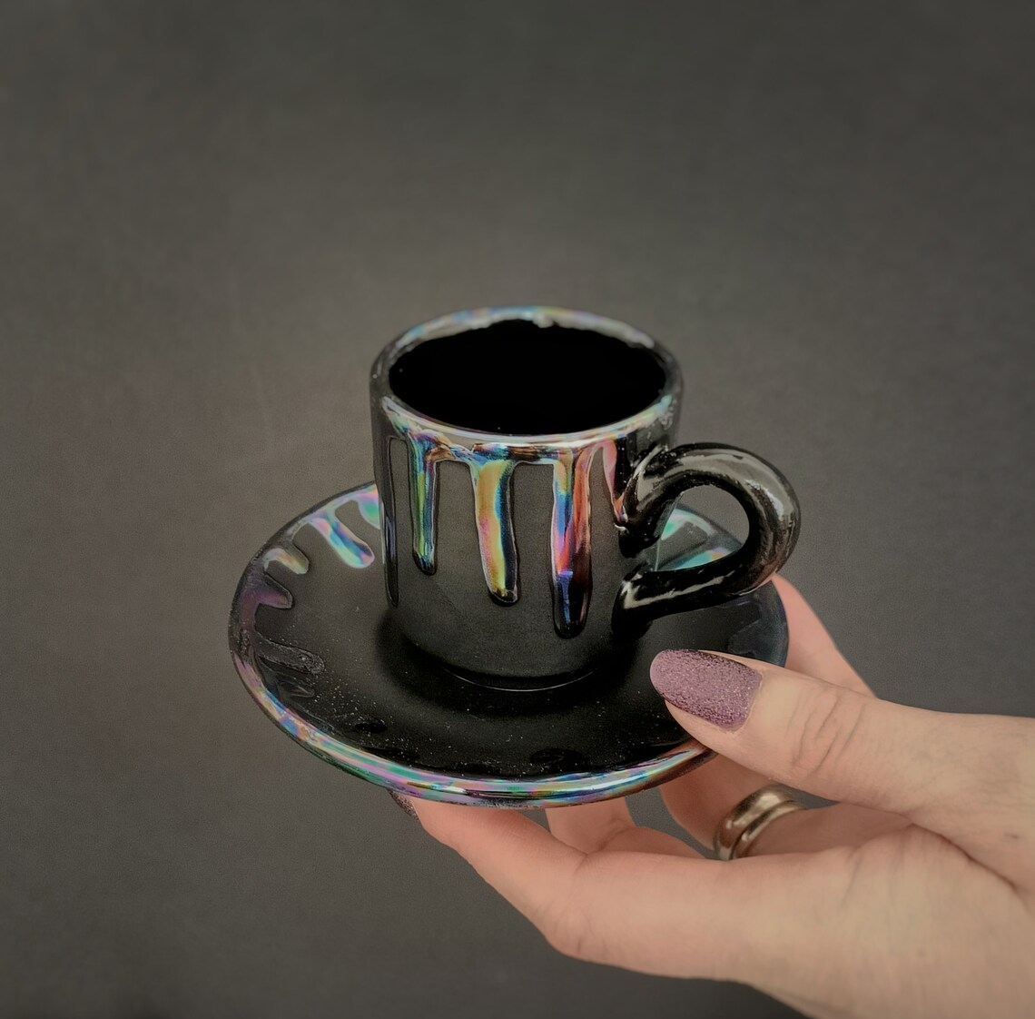 Rainbow Drip Espresso, Matte Black, Oil Slick Drip, Cute Cup Saucer ...