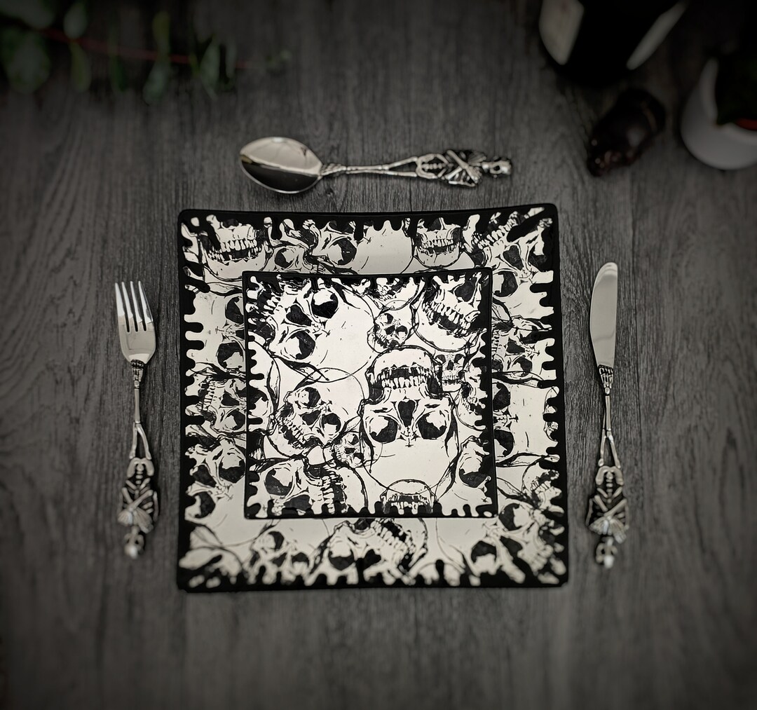 Square Dinner Set, Skull Plate Sets, Black Gothic Lunch, Alternative ...