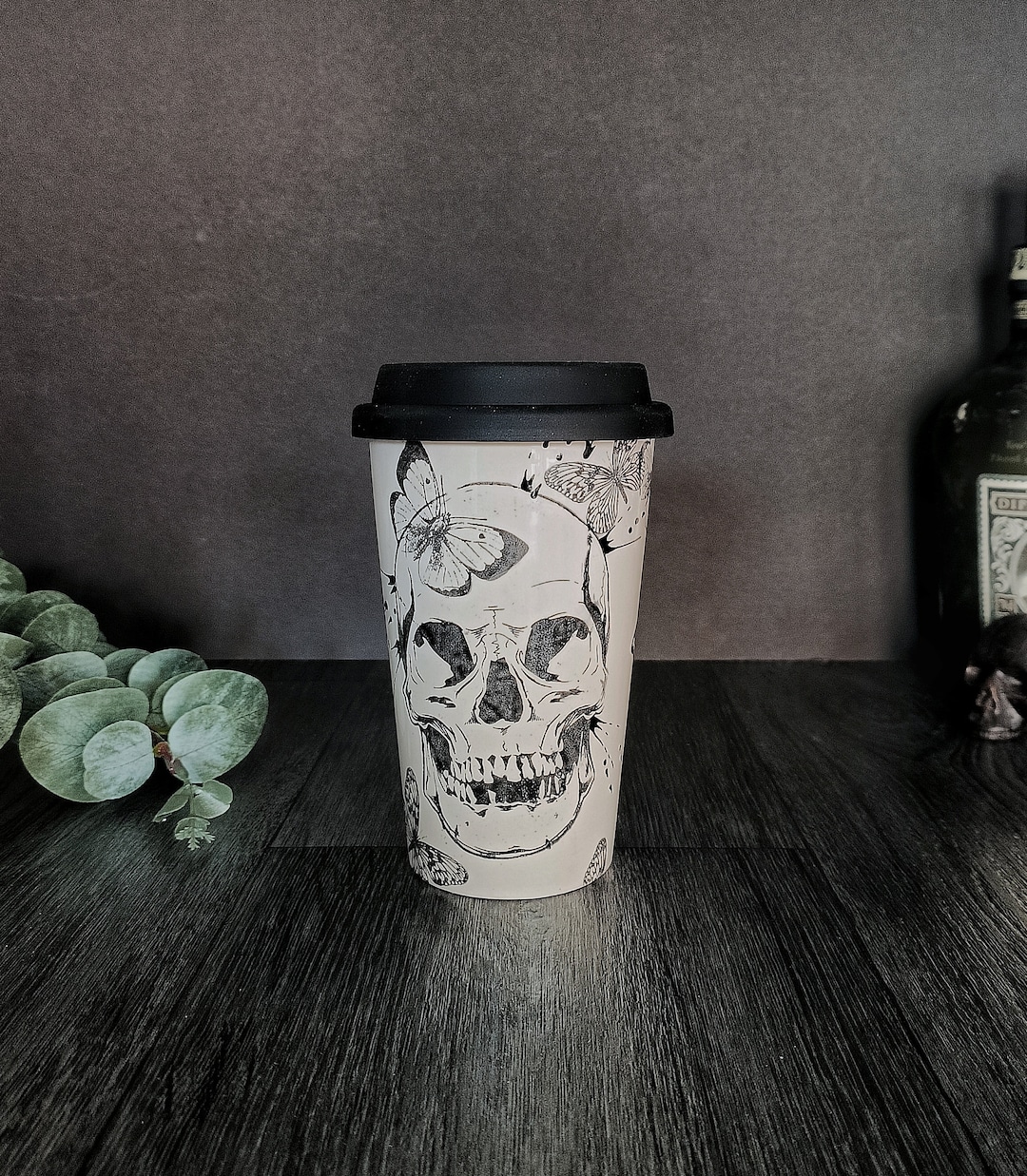 Skull Travel Mug, Skulls and Butterfly, Tall Ceramic Cup, Silicone Lid ...
