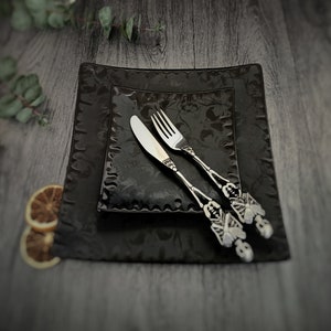 Skull Plate Set, Matte Black, Square Gothic Lunch, Alternative Dinner ...