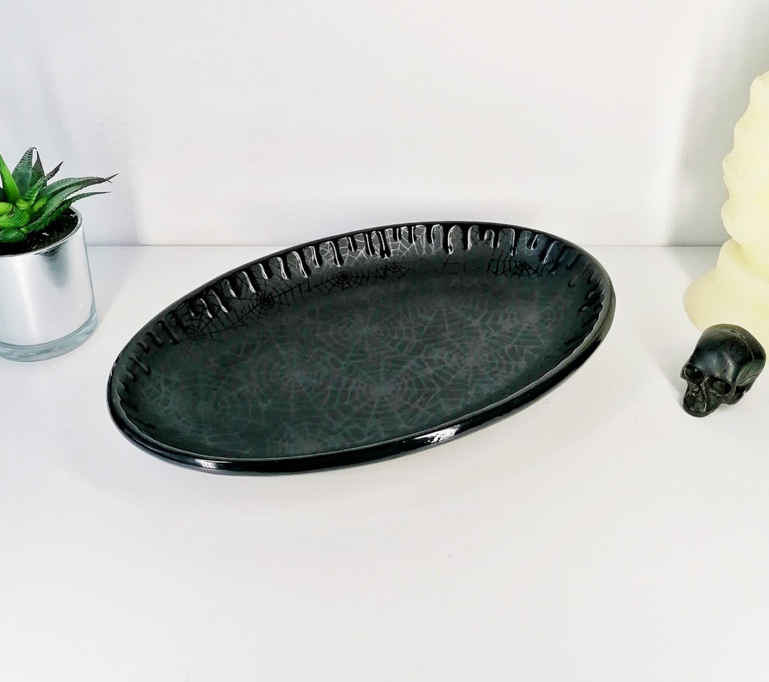 Matte Black Webs, Gothic Emo Platter, Ceramic Oval Plate, Large Serving ...