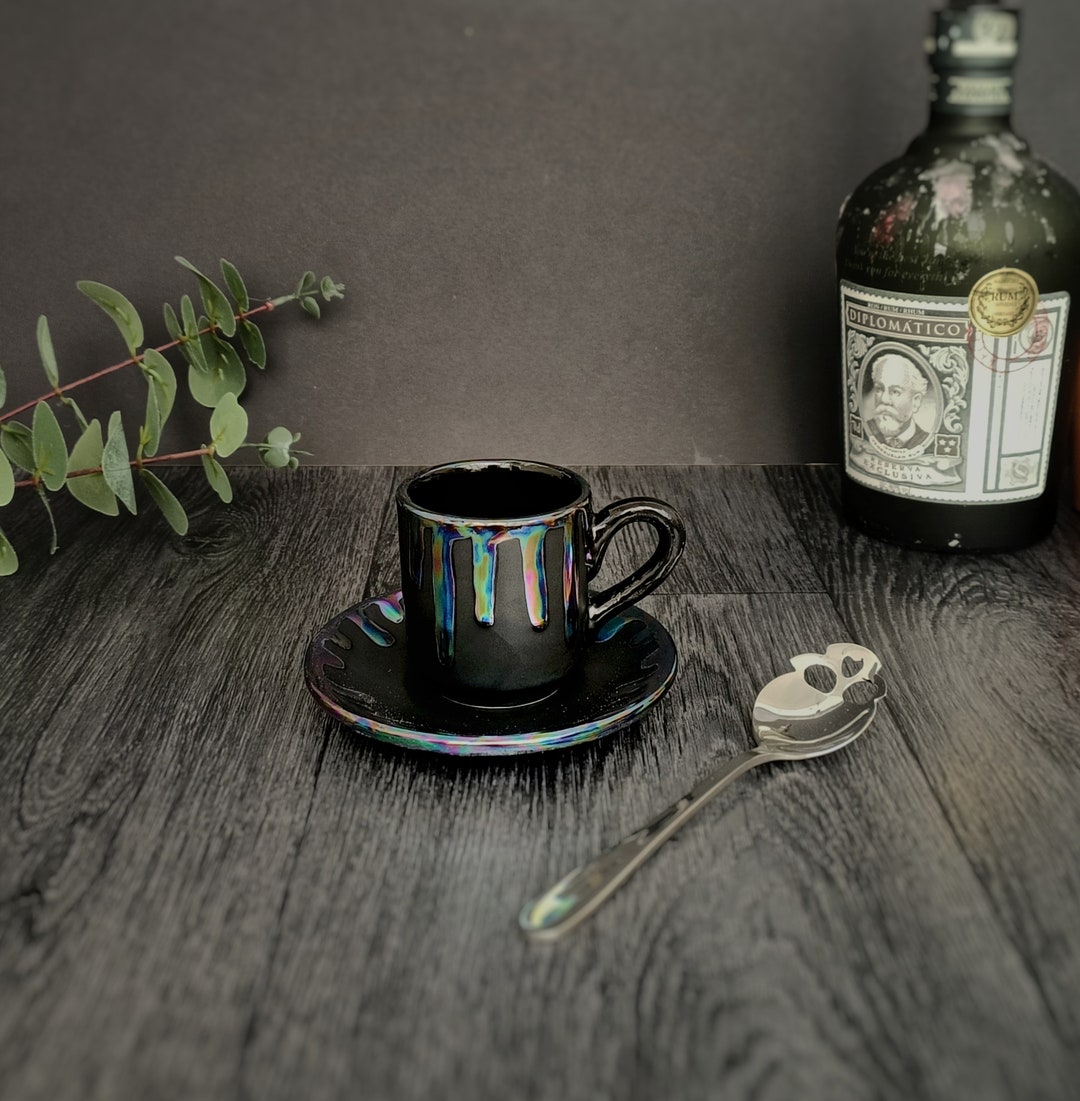 Rainbow Drip Espresso, Matte Black, Oil Slick Drip, Cute Cup Saucer ...