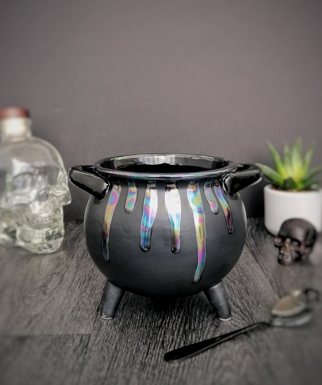 Hand Painted Witches Cauldron: Matte Black Oil Slick Drip, Gothic Bowl ...