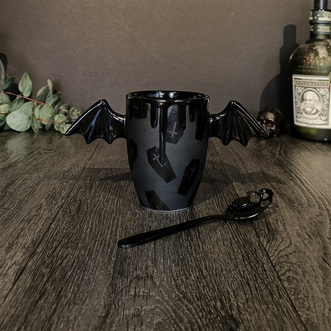 Matte Coffin Mug, Bats Wings Cup, Matte Black Casket, Unique Wing ...