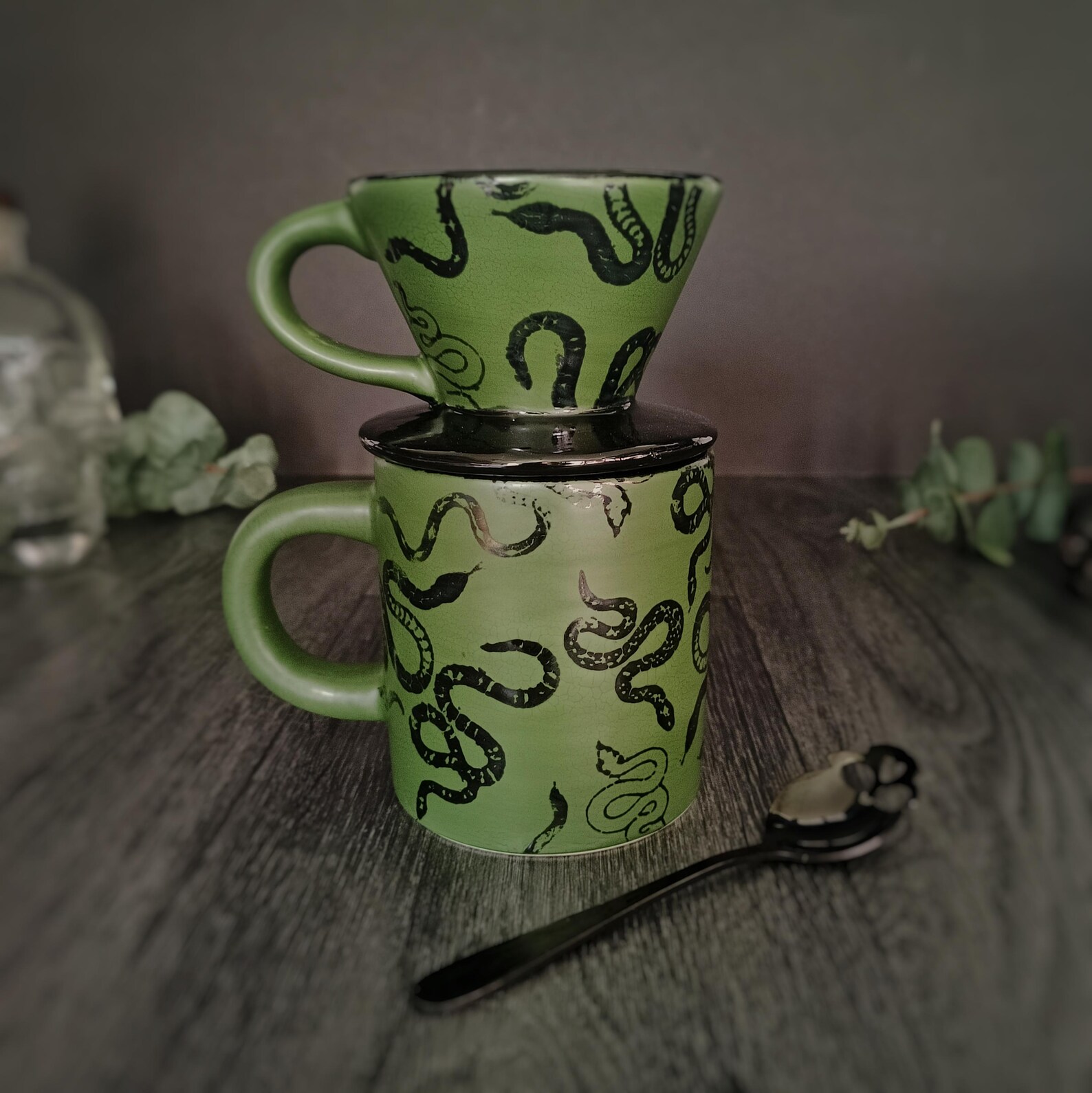 Snake Coffee Set, Pour Over Kit, Goth Gift, Serpent Mug, Green Cup Set ...