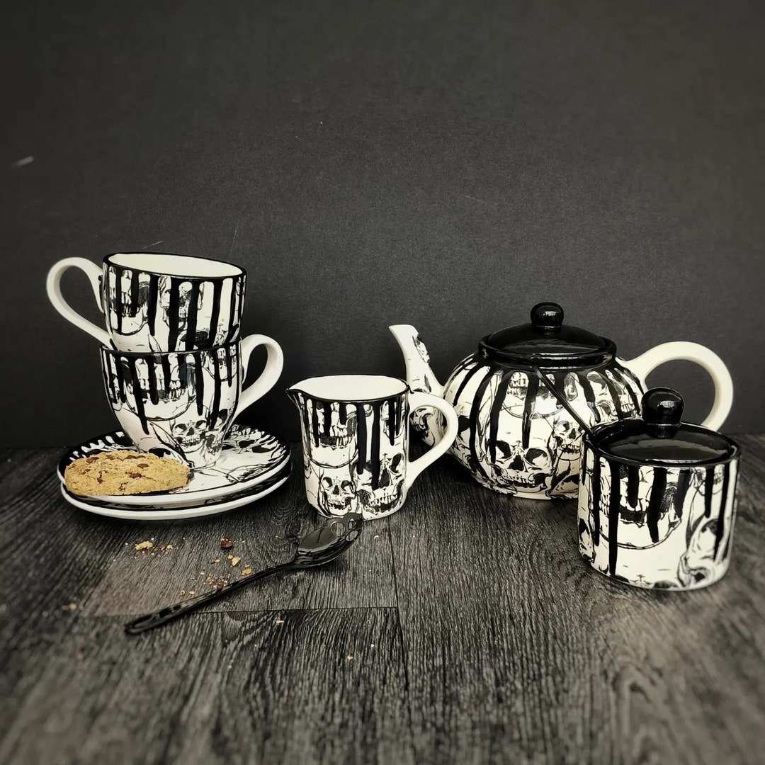 Skull Tea Set, Gothic Ceramic Teaset, Goth Cup Saucer, Milk Jug, Skulls ...
