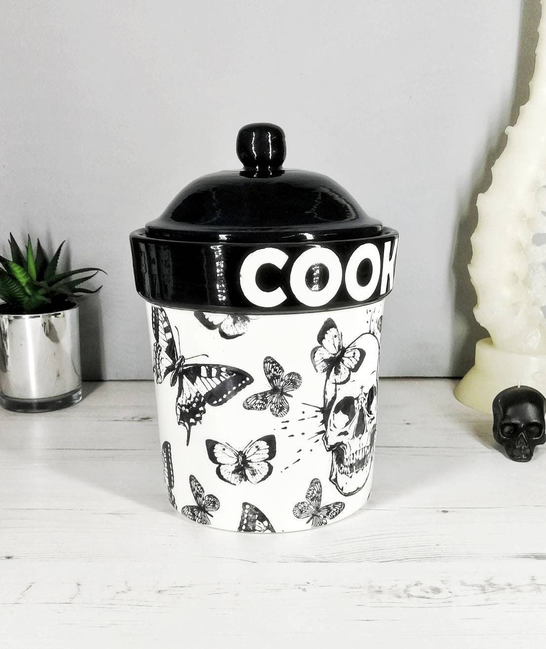 Skull & Butterfly Cookie Jar Skulls Biscuit Barrel Kitchen - Etsy