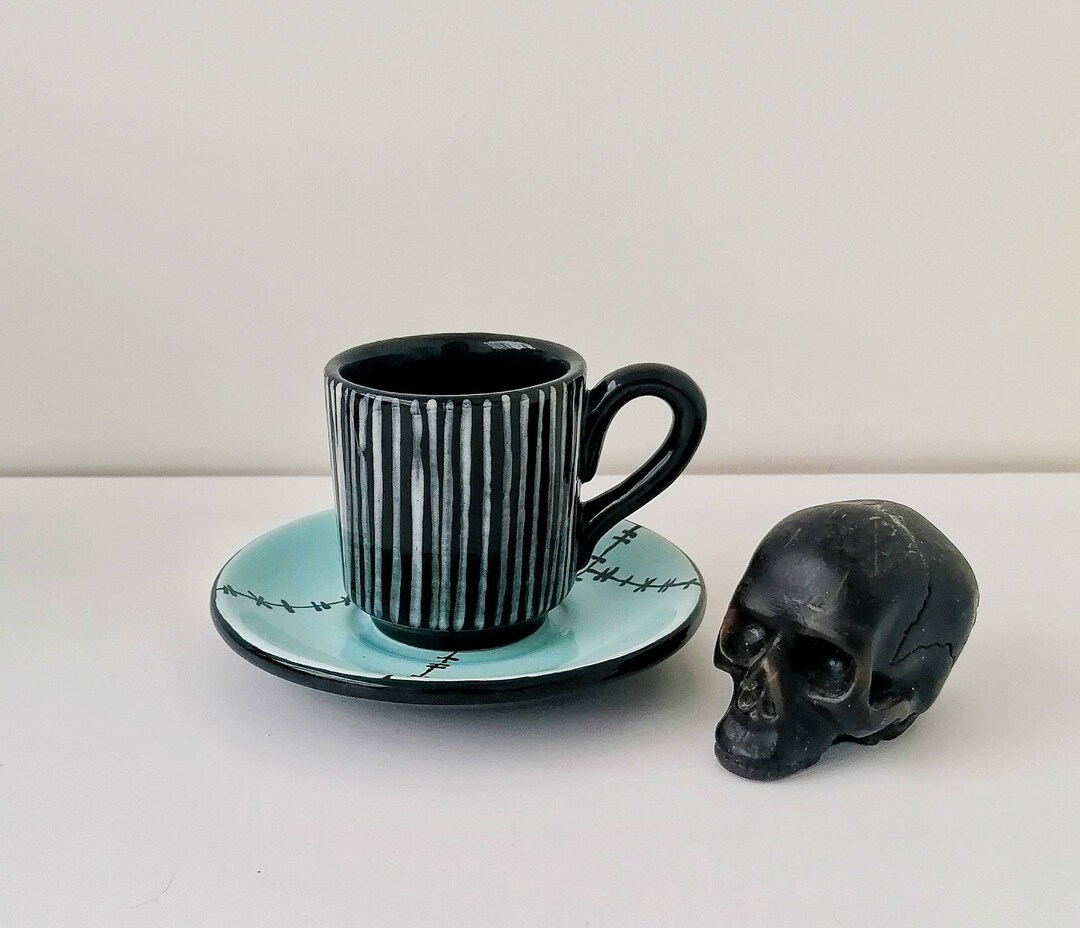 Creepy Espresso Cup Saucer, Stripes Stitches, Macabre Gothic, Jack ...