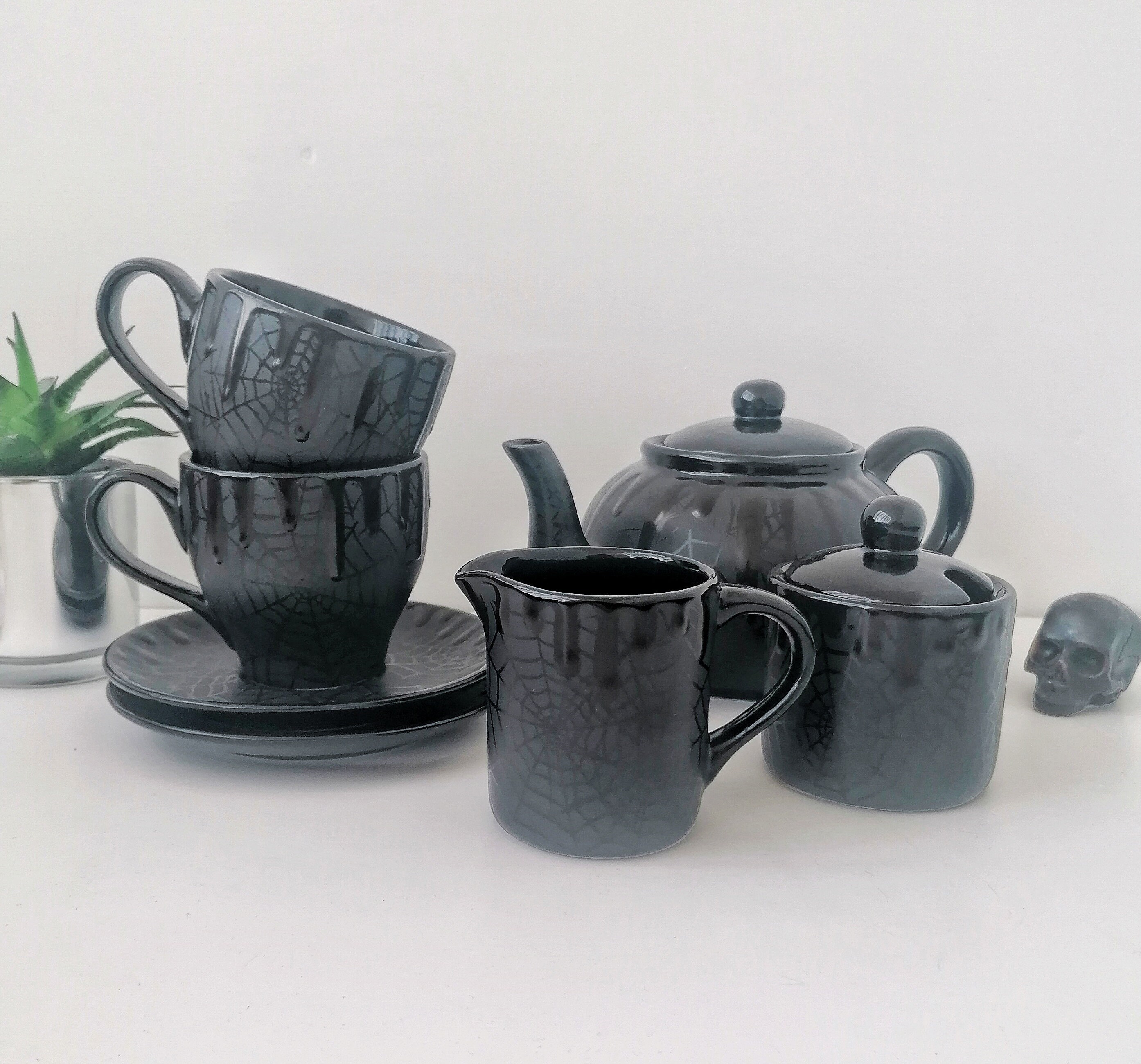 Goth Web Tea Set Gothic Matte Black Gloss Drip Ceramic - Etsy UK