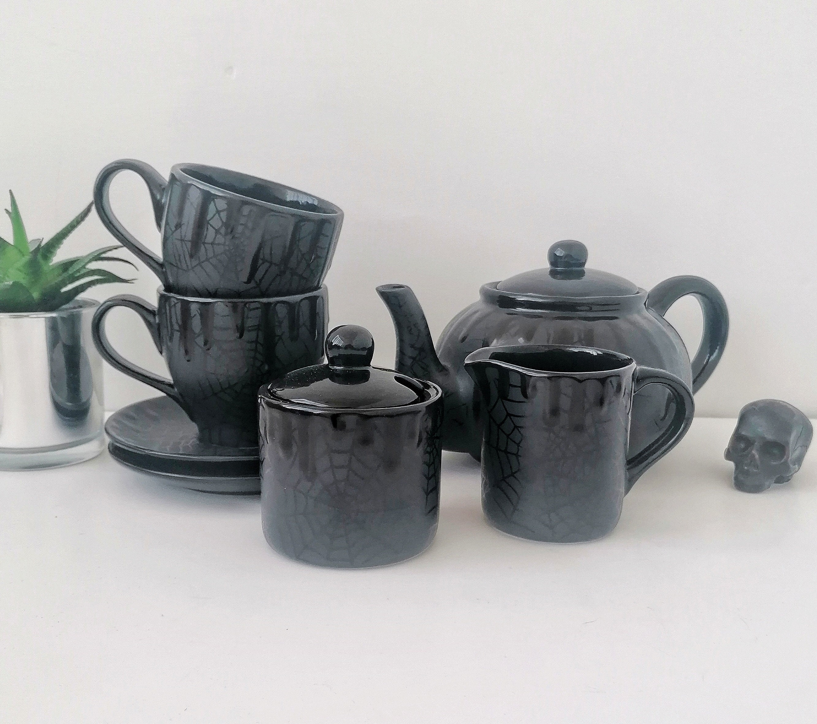 Goth Web Tea Set Gothic Matte Black Gloss Drip Ceramic - Etsy UK
