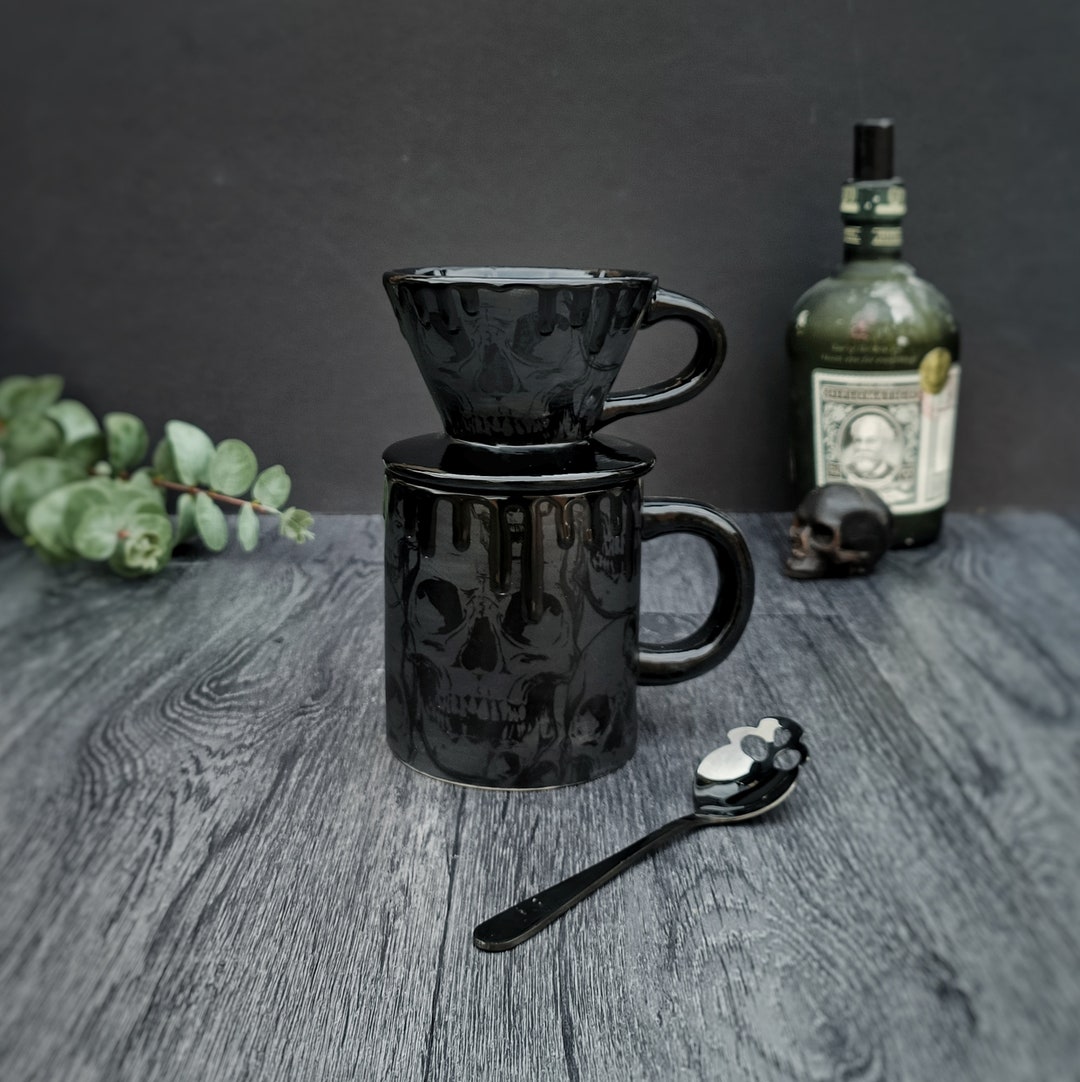 Black Skull Coffee Set, Pour Over Kit, Goth Gift, Skeleton Mug, Mug Set ...