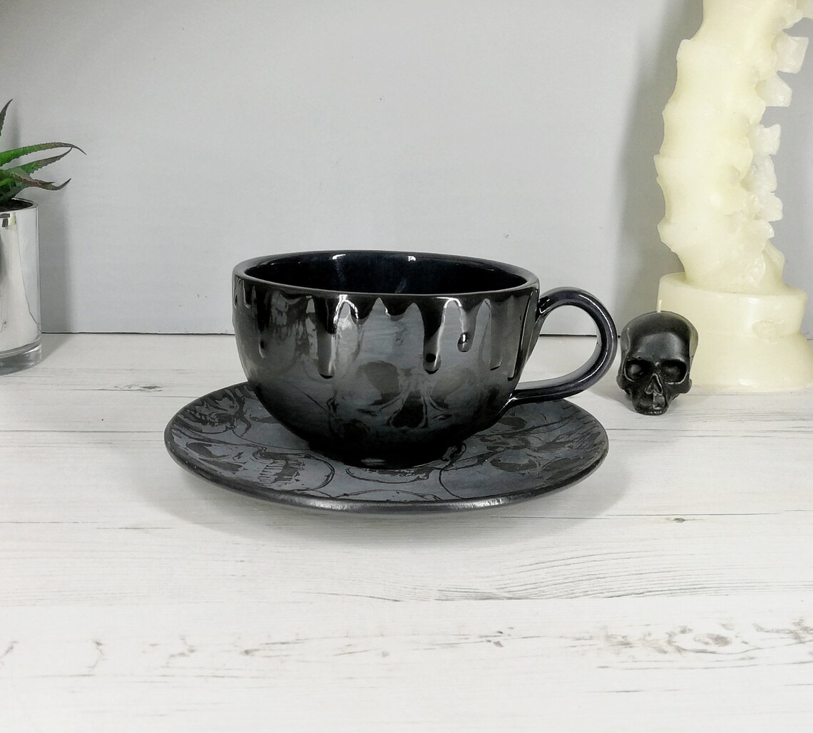 Matte Black Skull Cappuccino Cup Skulls Saucer Coffee Mug | Etsy