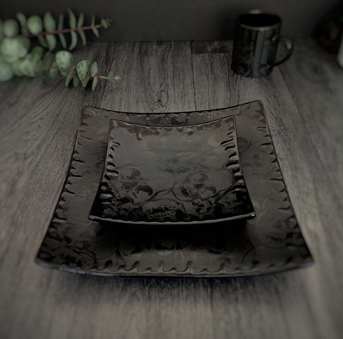 Skull Plate Set, Matte Black, Square Gothic Lunch, Alternative Dinner ...