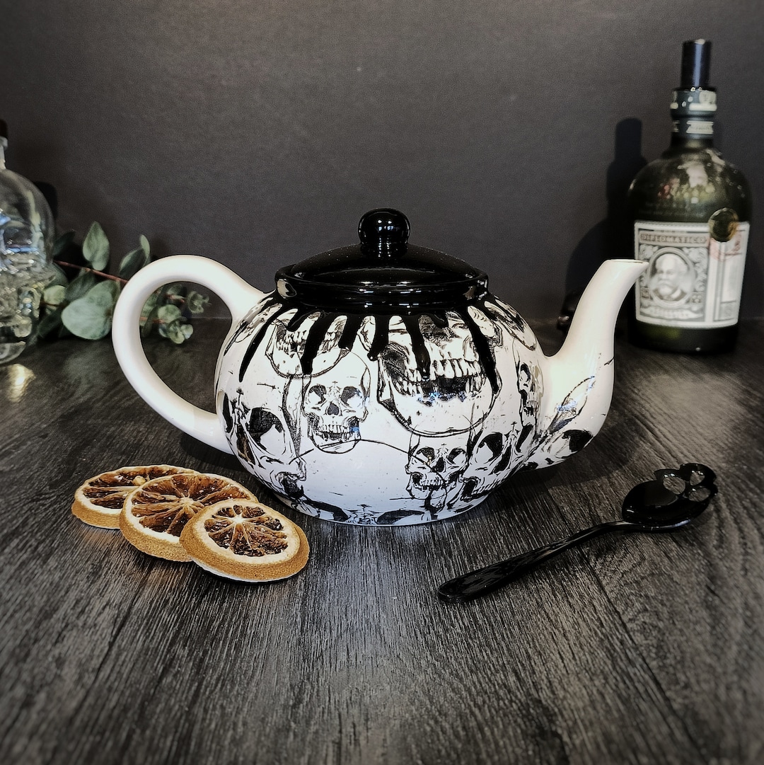 Skull Teapot, Gloss Tea Pot, Black White Gloss Kettle, Gothic Gift ...
