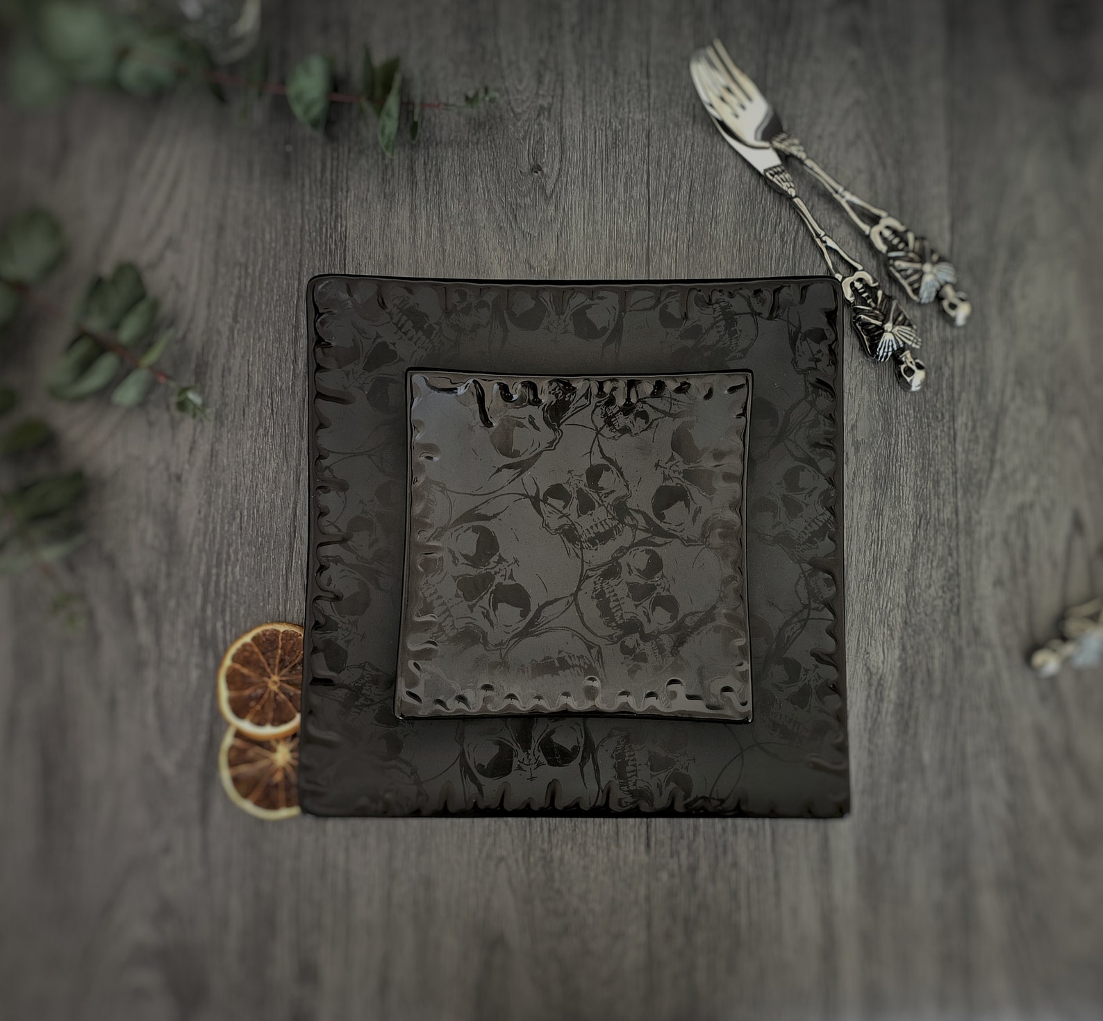 Skull Plate Set, Matte Black, Square Gothic Lunch, Alternative Dinner ...